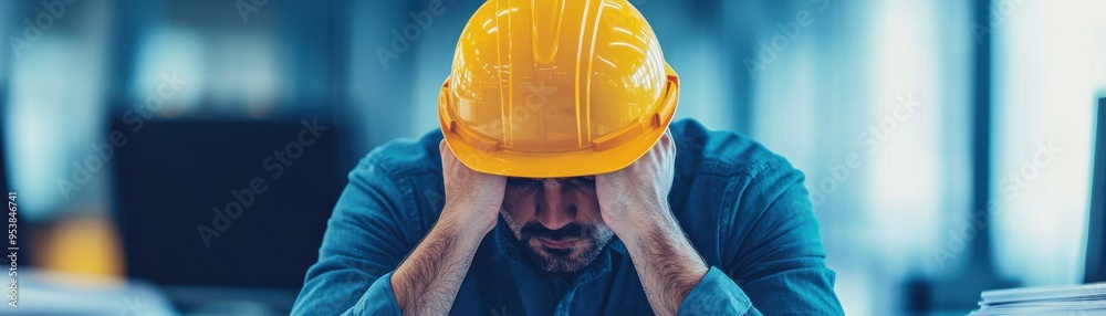 Frustrated construction worker in a yellow hard hat, showing signs of ...