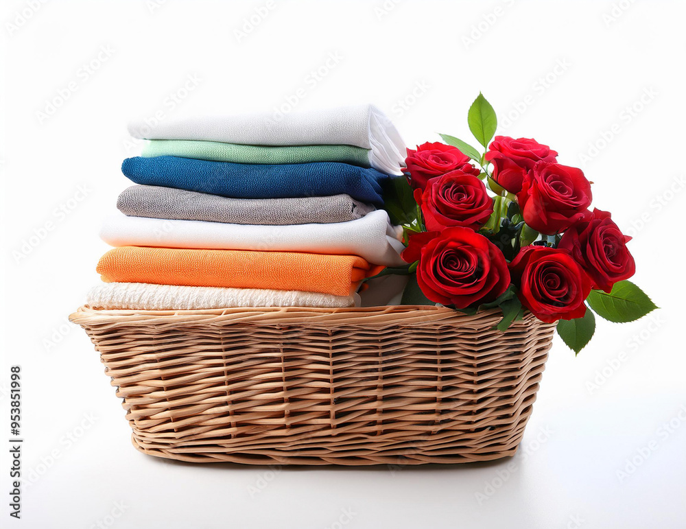 Clean, Neatly Folded and Ironed Clothes in a wicker Basket with Red ...