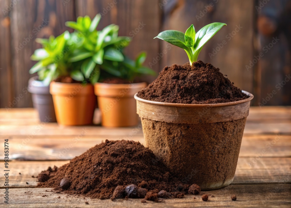 A heap of dark brown Coco Peat soil amendment surrounds a small potted ...