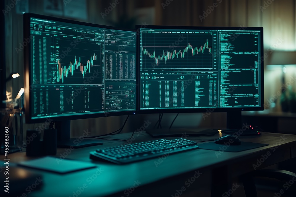 A modern workspace featuring dual computer monitors displaying complex data analytics and ...