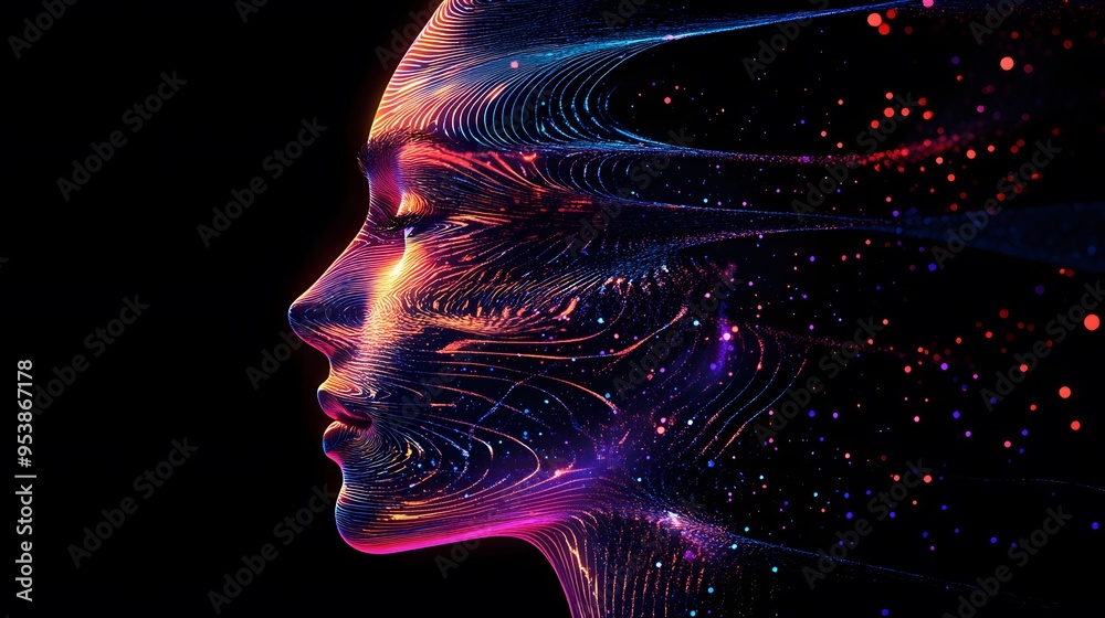 Digital side profile of a human face with colorful neon streaks and ...