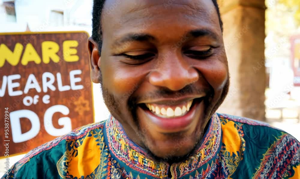 South African Man Laughing at Humorous Sign in Traditional Attire Stock ...