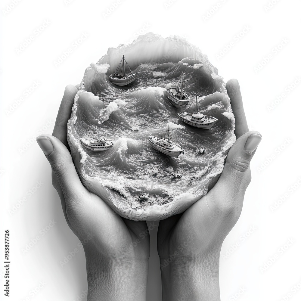 3D rendering of hands holding a miniature ocean with boats and waves ...