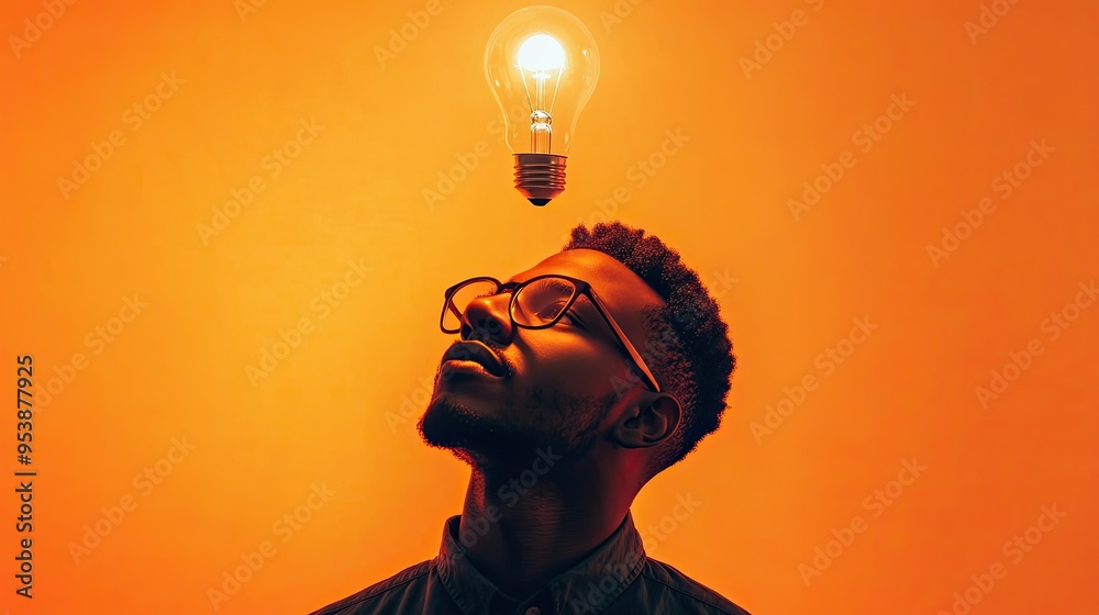 Thoughtful man lightbulb floats above head bright orange background glowing with ideas simple ...