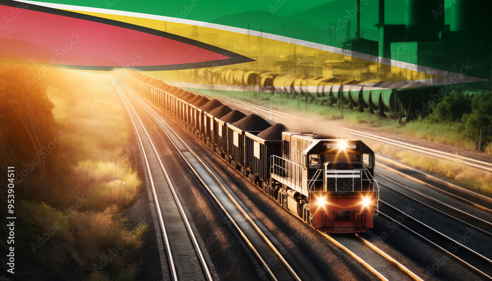 An industrial freight train moves through golden fields beneath an ...