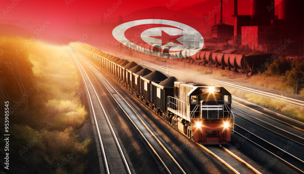 An industrial freight train moves through golden fields beneath an ...