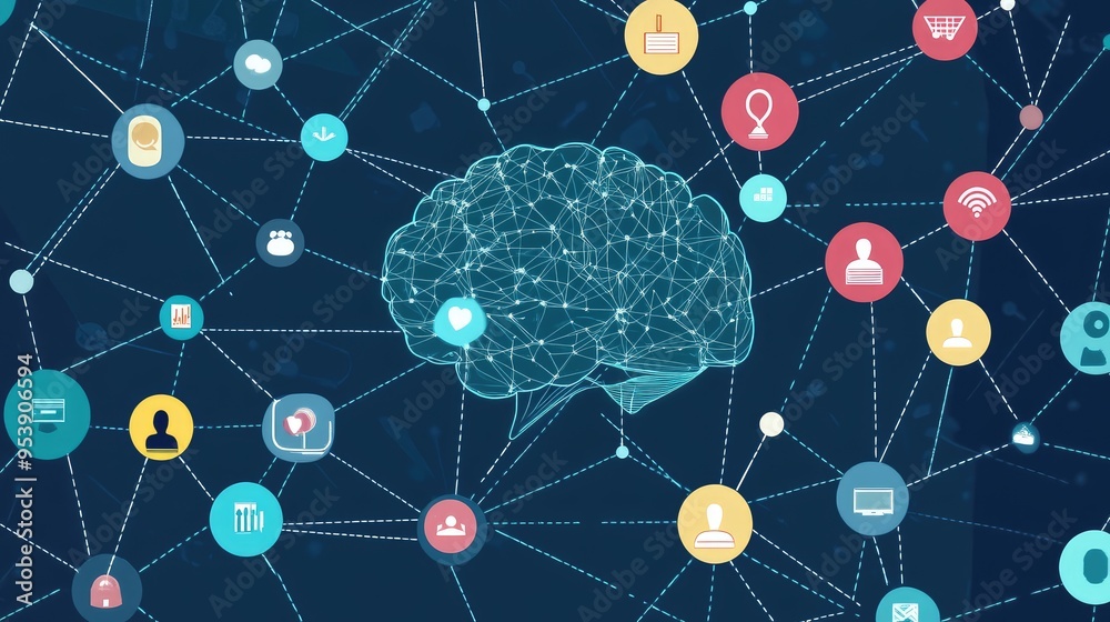 An abstract visual of a human brain connected to a web of social media ...