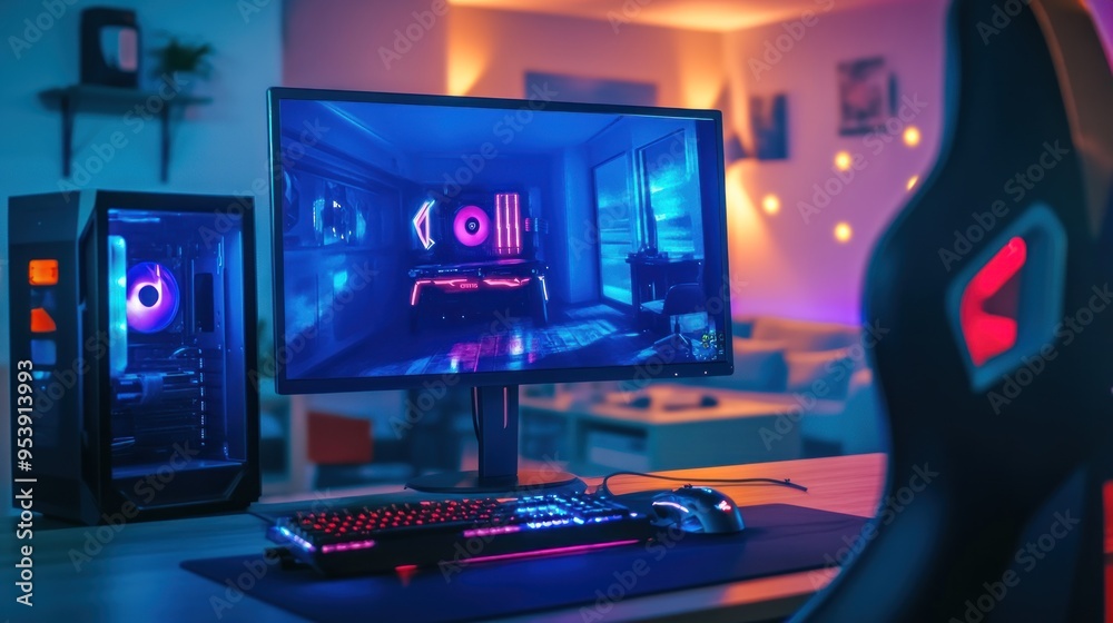 A modern gaming setup with RGB lighting, featuring a high-end PC, dual ...