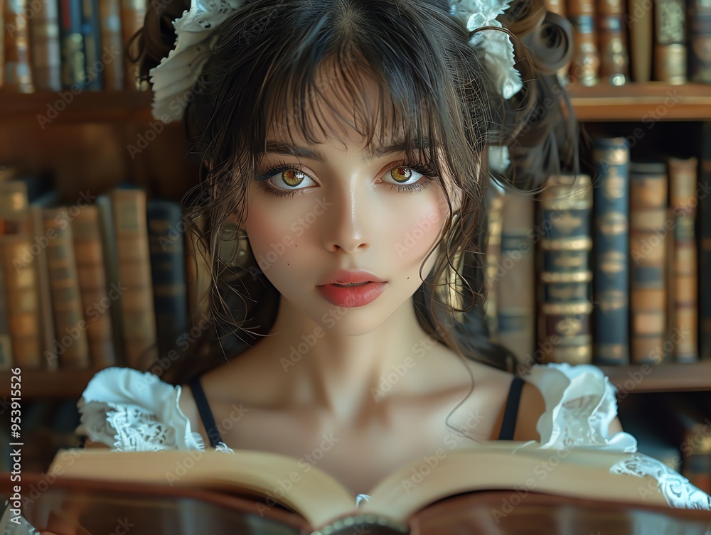 Beautiful girl in maid uniform, reading book, closeup, serene ...