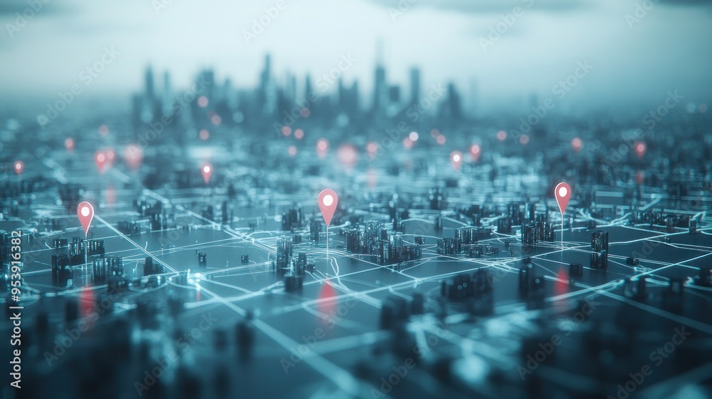 A stylized, digital representation of a city grid with glowing red ...