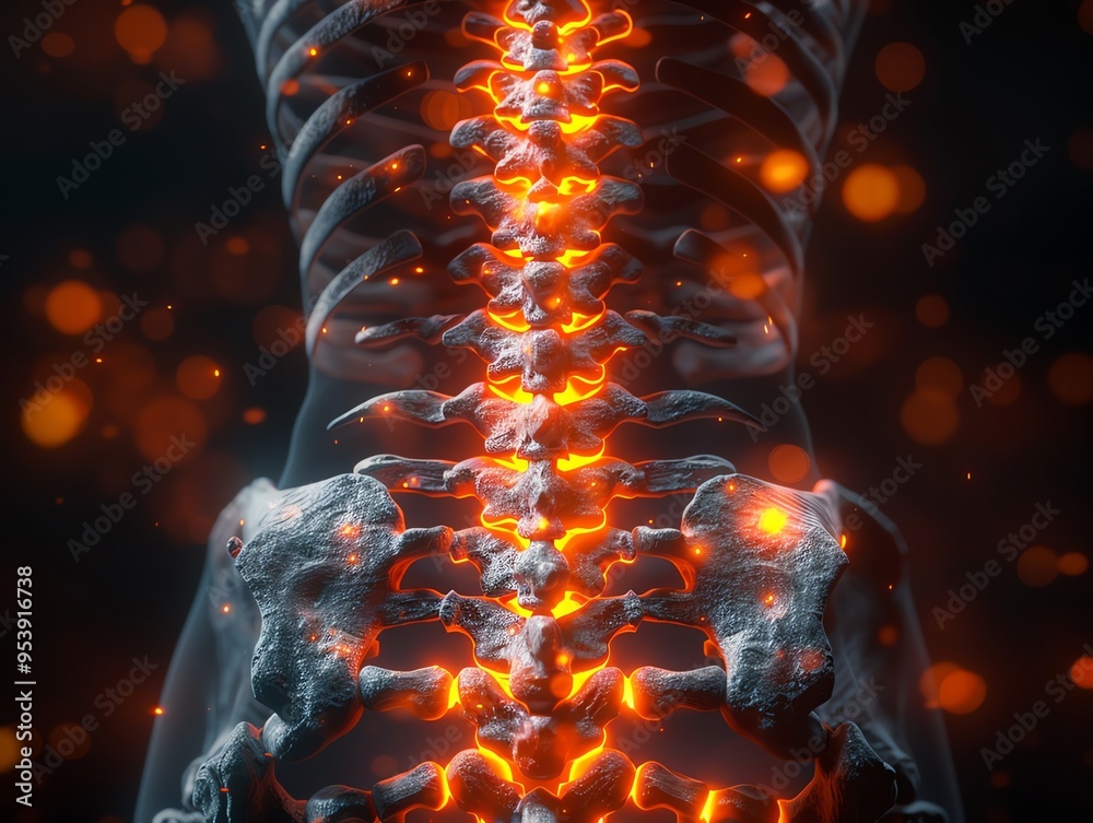 Spine anatomy showing pain points, front view, high contrast, medical ...