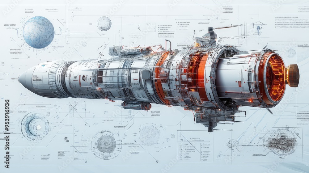 A detailed schematic of a spacecraft designed for long-duration space ...