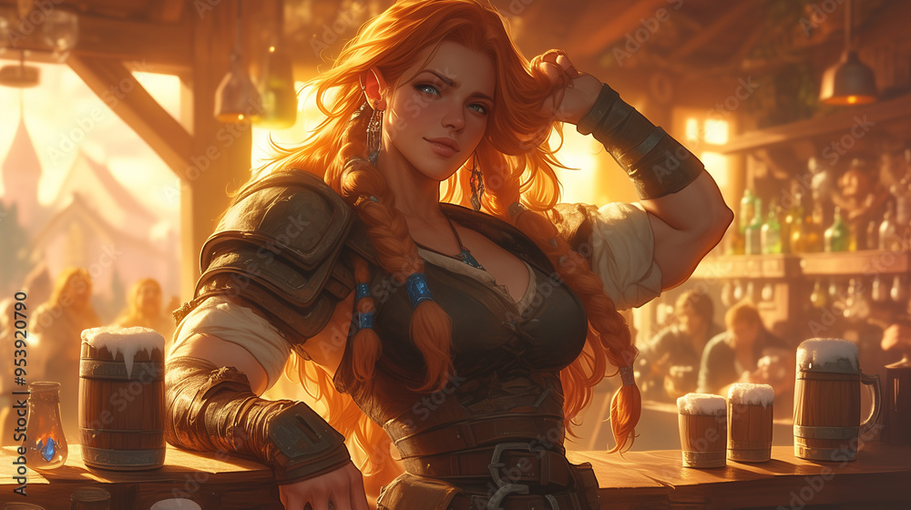 confident red-haired dwarf with braided hair and armor leaning against ...