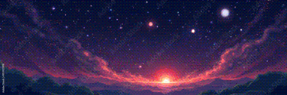 Pixelated beautiful sunset on alien planet horizon in universe ...
