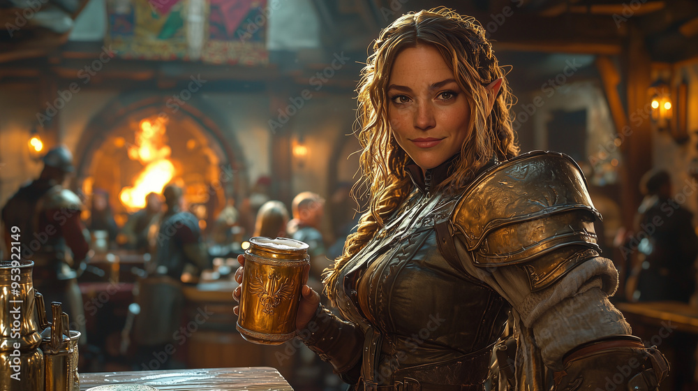 smiling female dwarf with braided hair and armor holding a tankard in a ...