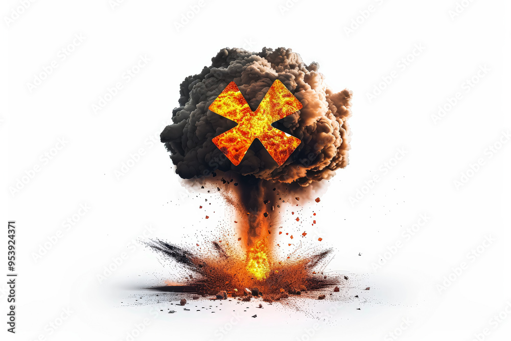 A large explosion with a red X on it. The explosion is very bright and ...