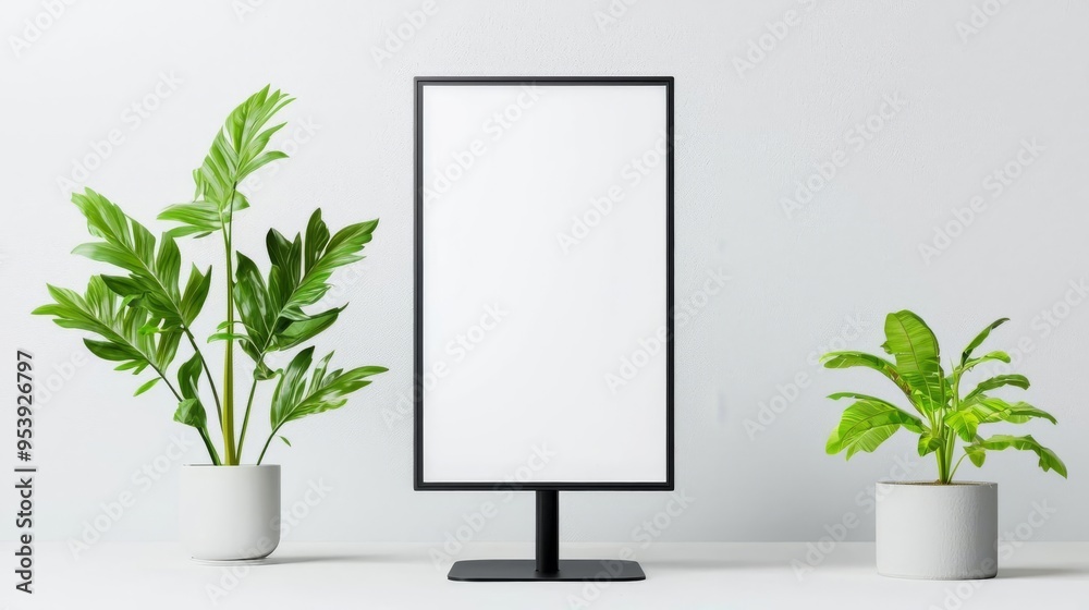 Blank digital signage screen on a sleek black stand, isolated on a ...