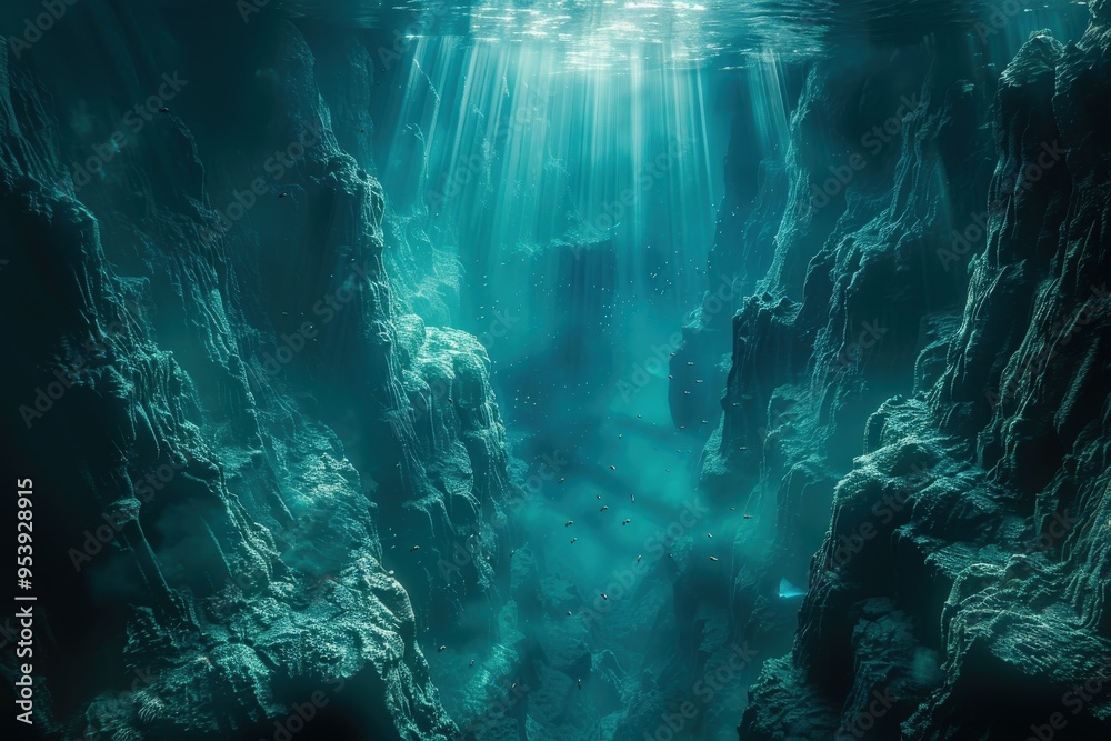 Mesmerizing underwater ocean canyon with beams of sunlight illuminating ...