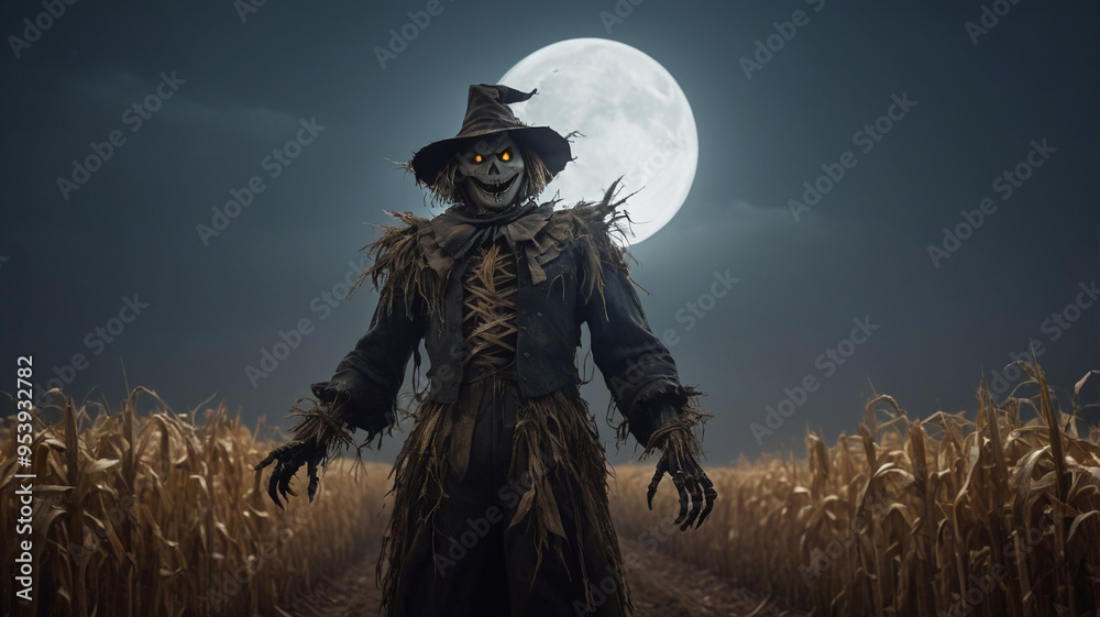 A scarecrow with a menacing, twisted face and ragged clothes stands ...