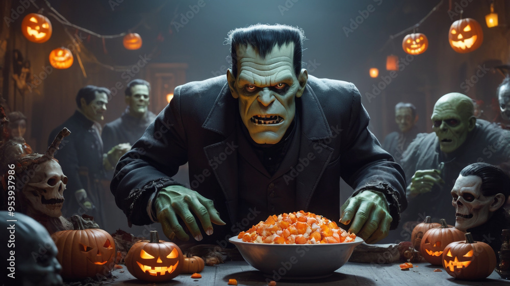 Frankenstein’s monster, with his signature neck bolts and stitched-up ...