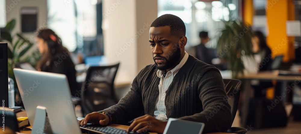Office worker actively typing on a keyboard, Face conveys an expression ...