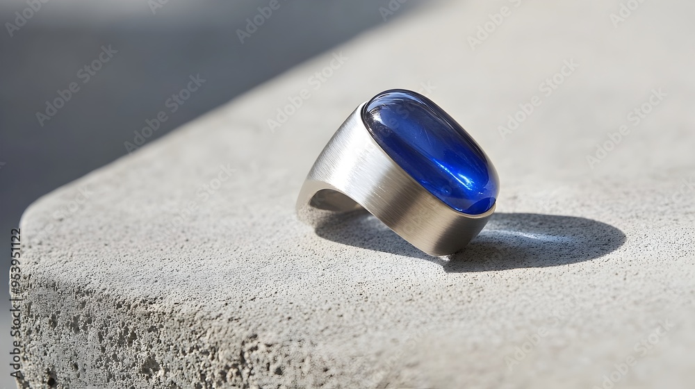 Elegant cobalt blue glass ring set in a brushed silver band resting on ...