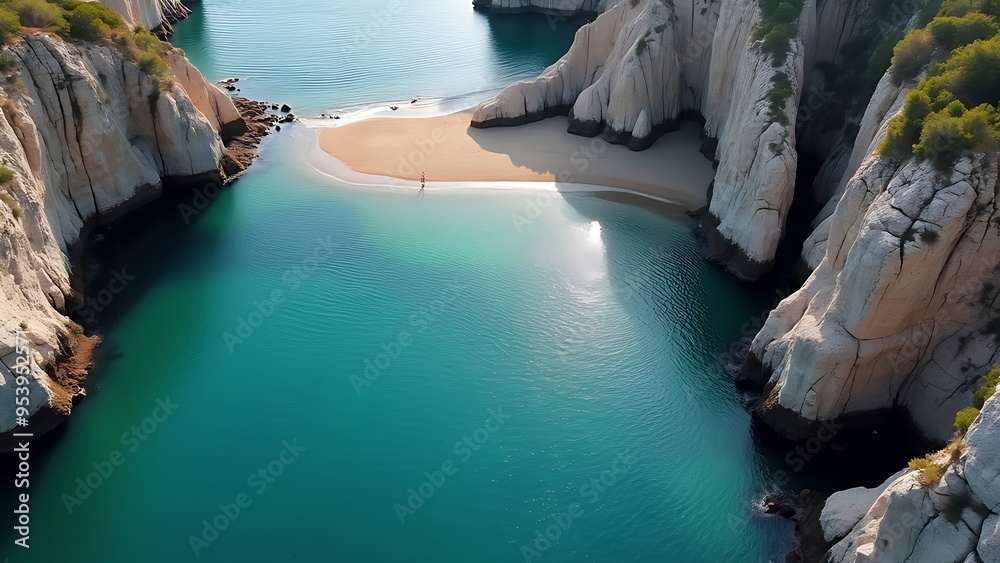Stunning Aerial Shot of a Hidden Beach Cove with Dramatic Cliffs, Clear ...