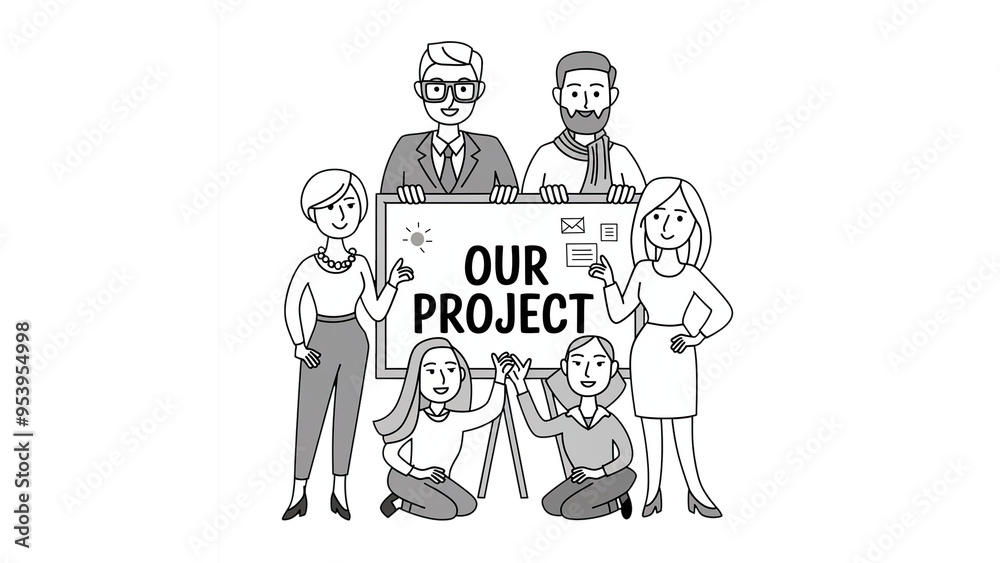 A black-and-white illustration of a group of six people collaborating ...