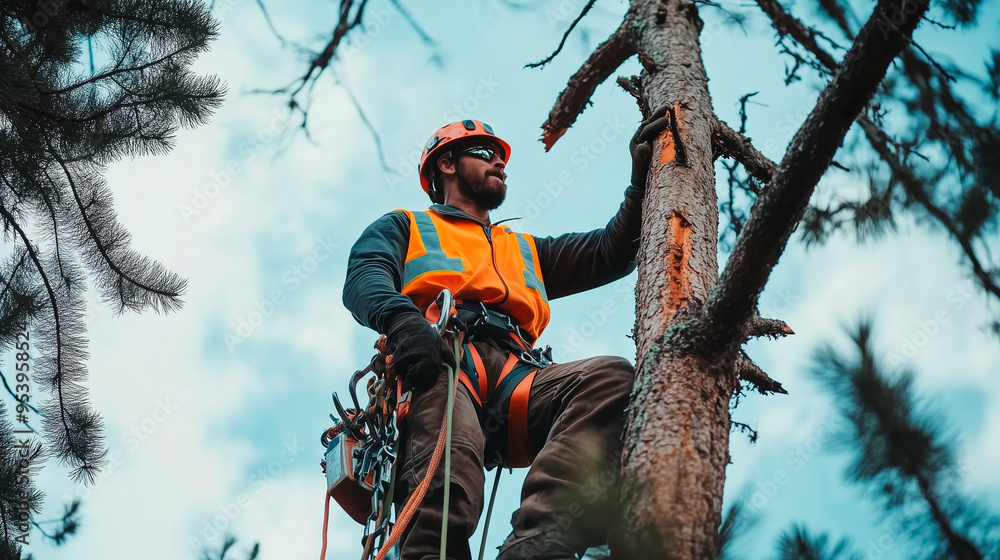 The image features an arborist who has climbed a tree to perform work ...