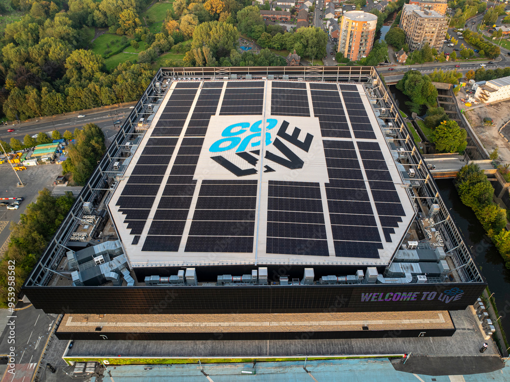An aerial view of a large rectangular CO-OP Live Arena in Manchester ...