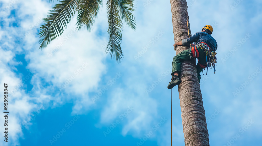 A worker is climbing a tall palm tree using safety ropes and protective ...