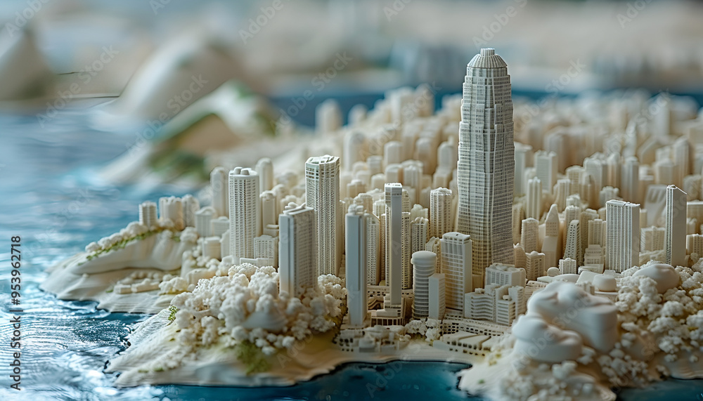 detailed 3D architectural model of a cityscape, featuring tall ...