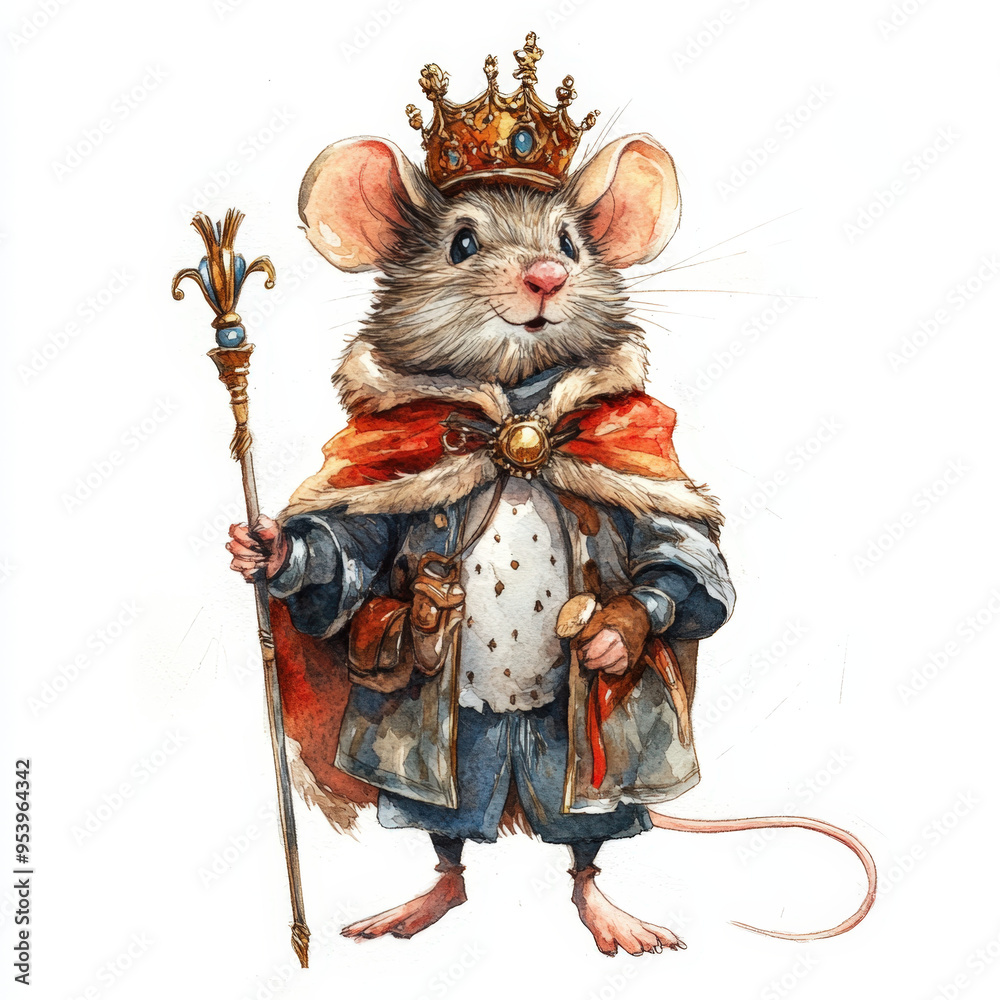 Watercolor painting of a regal mouse king holding a scepter and wearing ...