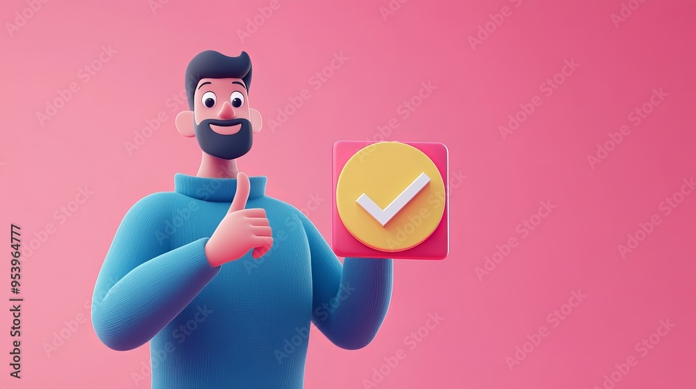 Man holding and pointing to a button with a check mark. Task completion ...