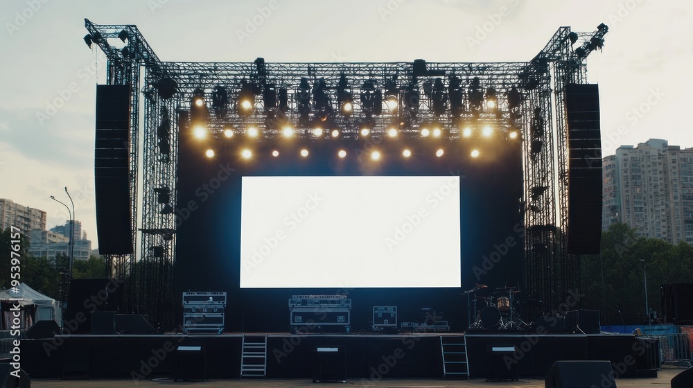 Stage modern rigging large outdoor concert with beam lights, sound ...
