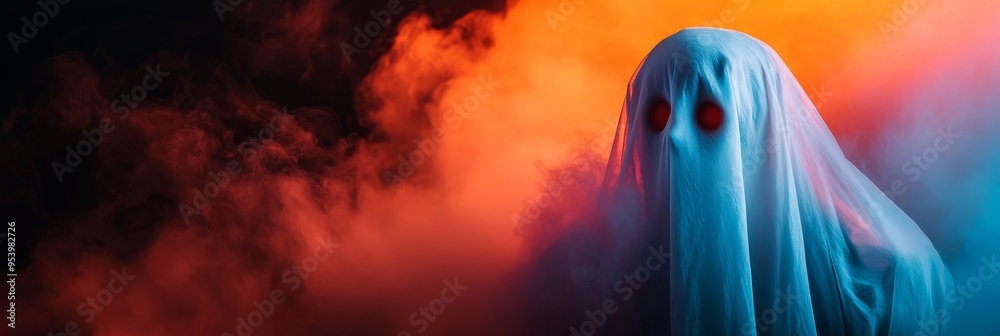 A ghostly figure, shrouded in a white sheet, emerges from a swirling ...