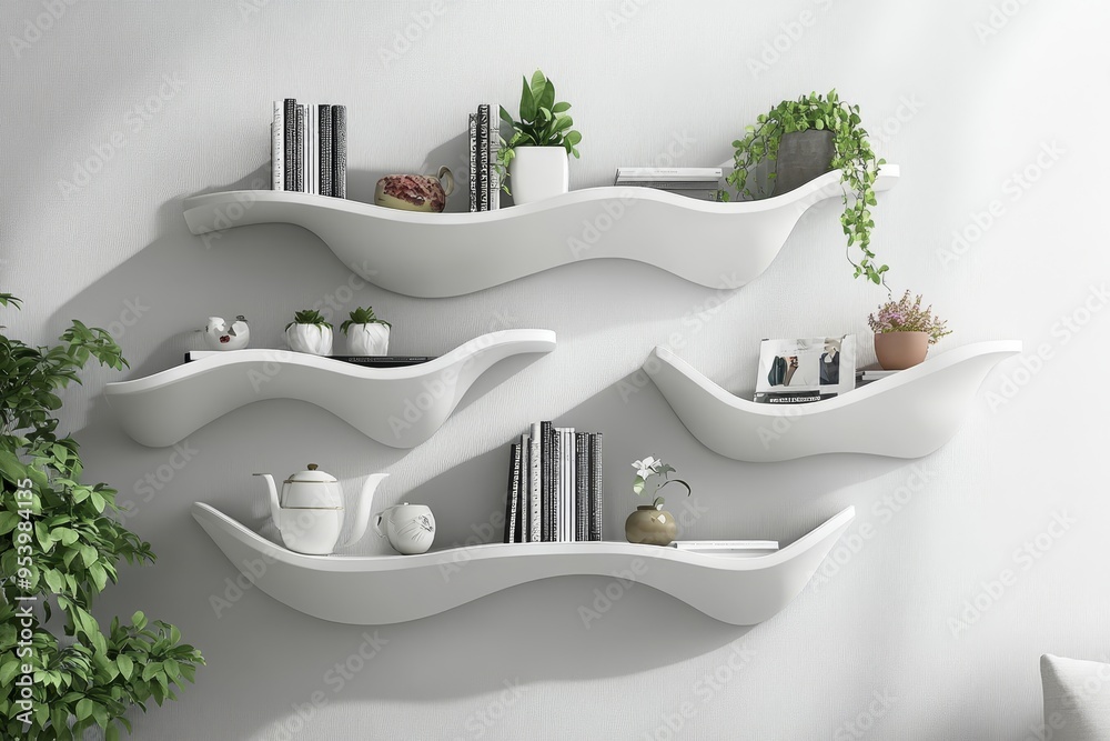 A set of white wave-shaped floating shelves with a modern design ...