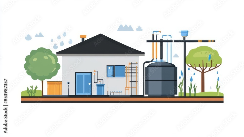 Illustration of a home rainwater harvesting system showing water ...