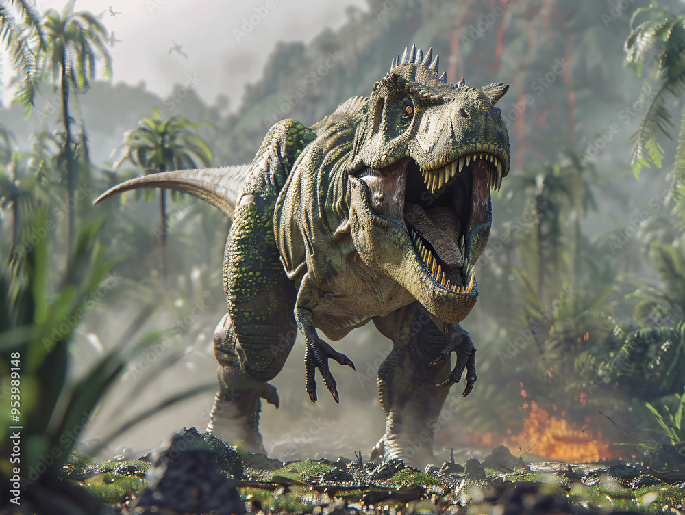 A dramatic scene featuring an Allosaurus in a prehistoric landscape ...