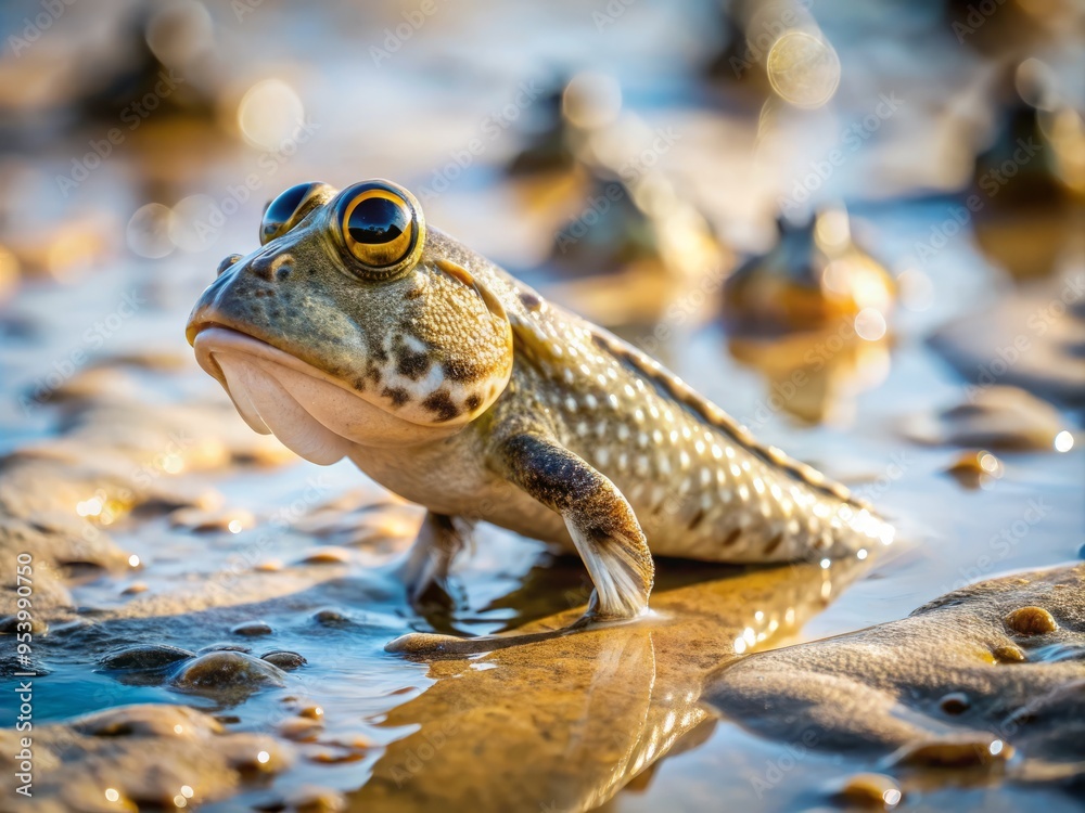 A solitary mudskipper fish with bulging eyes and pectoral fins walks ...