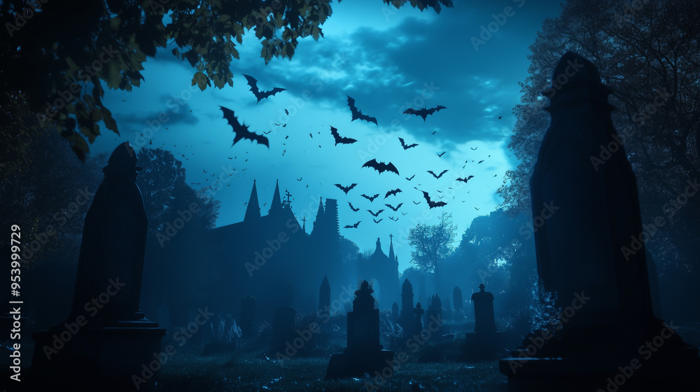 Bats fly through the fog in a graveyard. Behind the grave stones is an ancient church bell tower ...