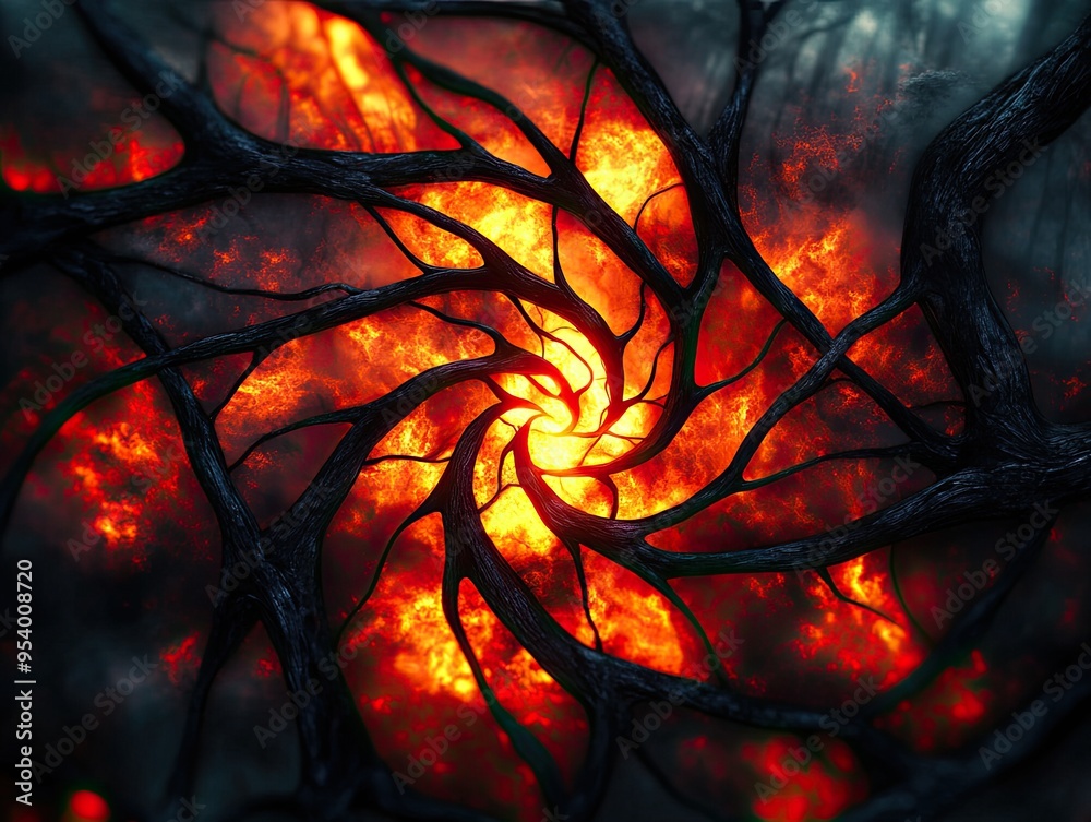 An abstract interpretation of a forest fire with jagged red and orange ...