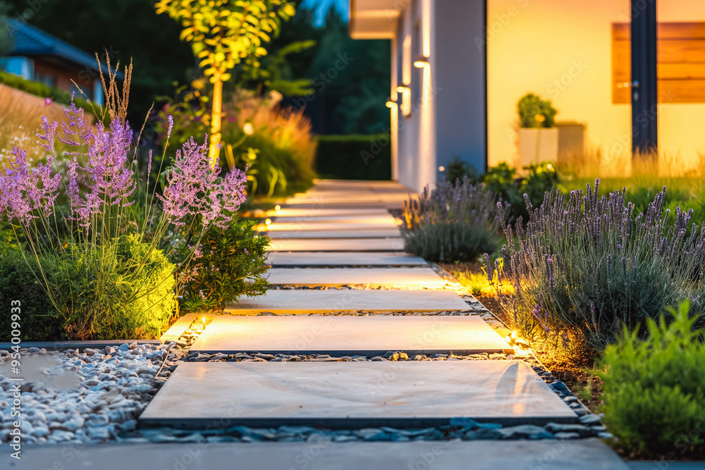 Modern gardening landscaping design details. Illuminated pathway in ...