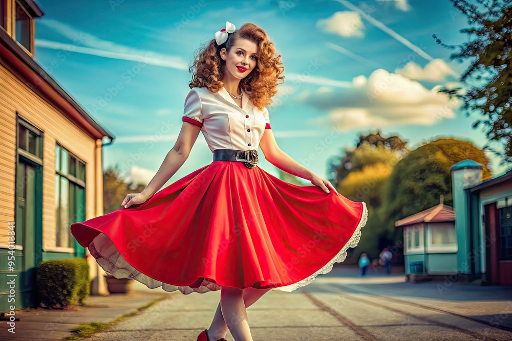 A vibrant young woman with curly hair and bold red lips models a fitted ...
