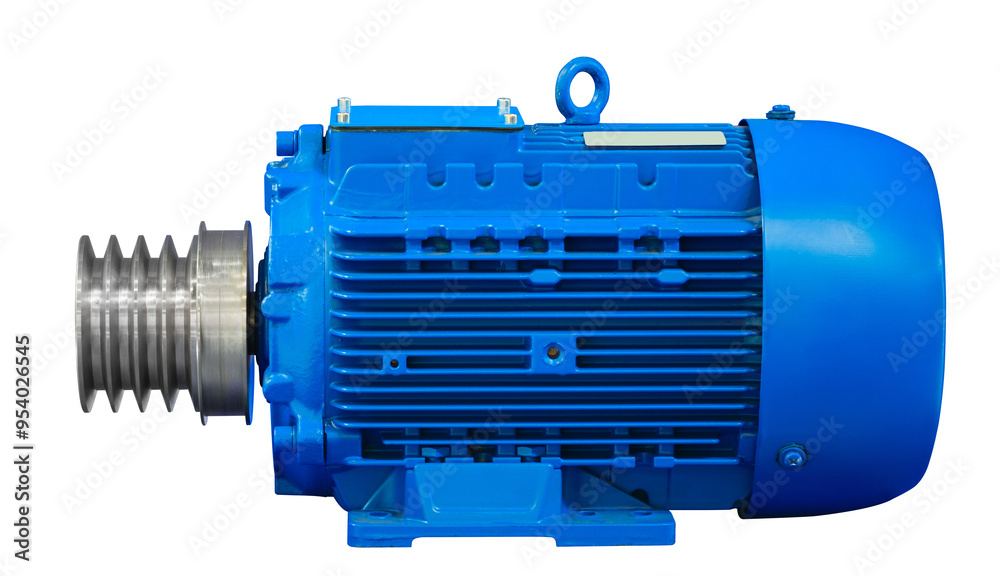 A blue and silver electric motor with a blue and silver casing. The ...