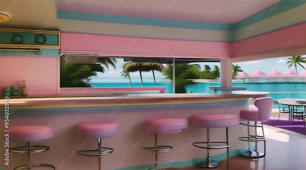 A retro kitchen with a pink and blue pastel color scheme, featuring ...