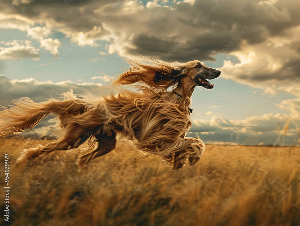 Afghan hound running through an open field, its long, flowing coat ...