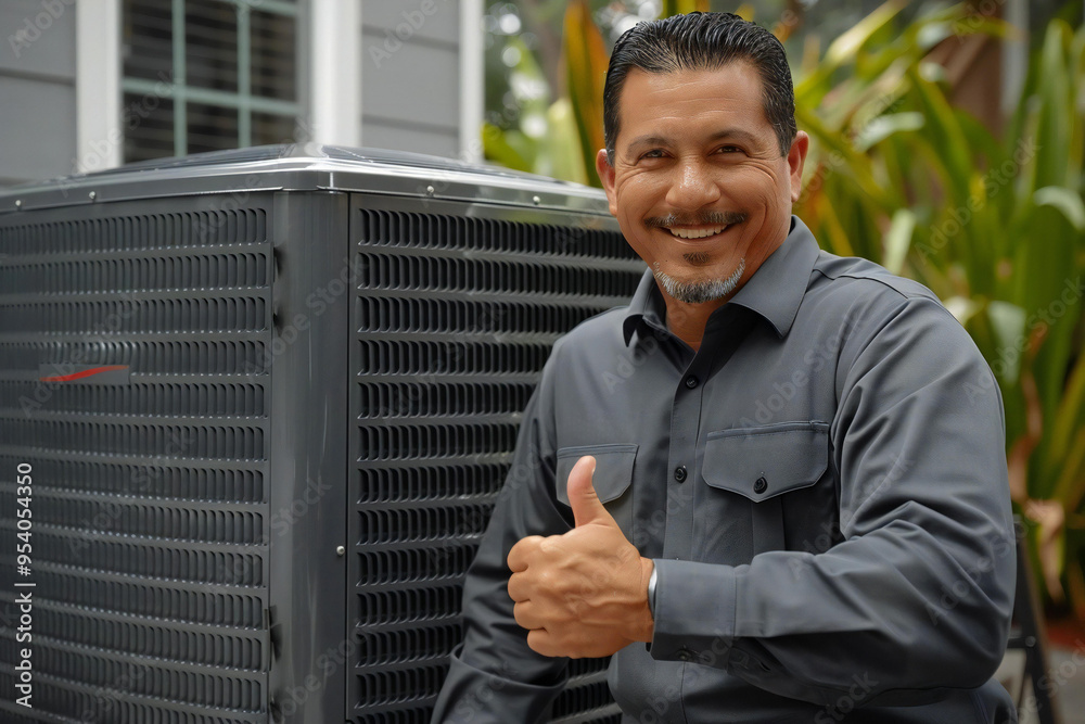 close-up shot of a happy male technician giving a thumbs up next to an ...