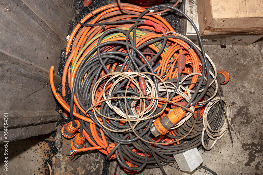 Photograph of old and dirty electrical power cables that have been left ...