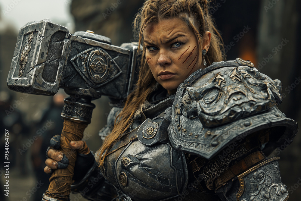 determined dwarf female warrior with braided hair and scars, gripping a ...